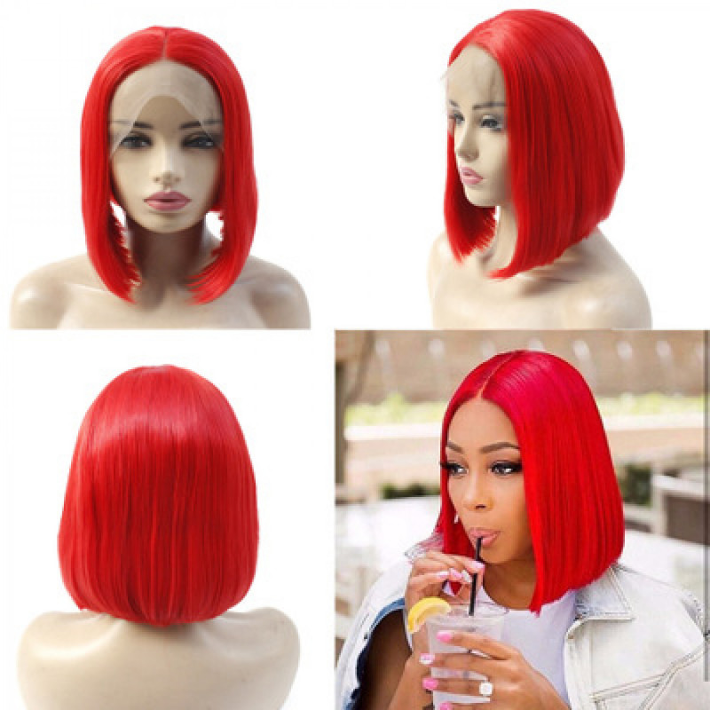 Dark Red Short Straight Bob Heat Resistant Fiber Synthetic Hair Lace ...
